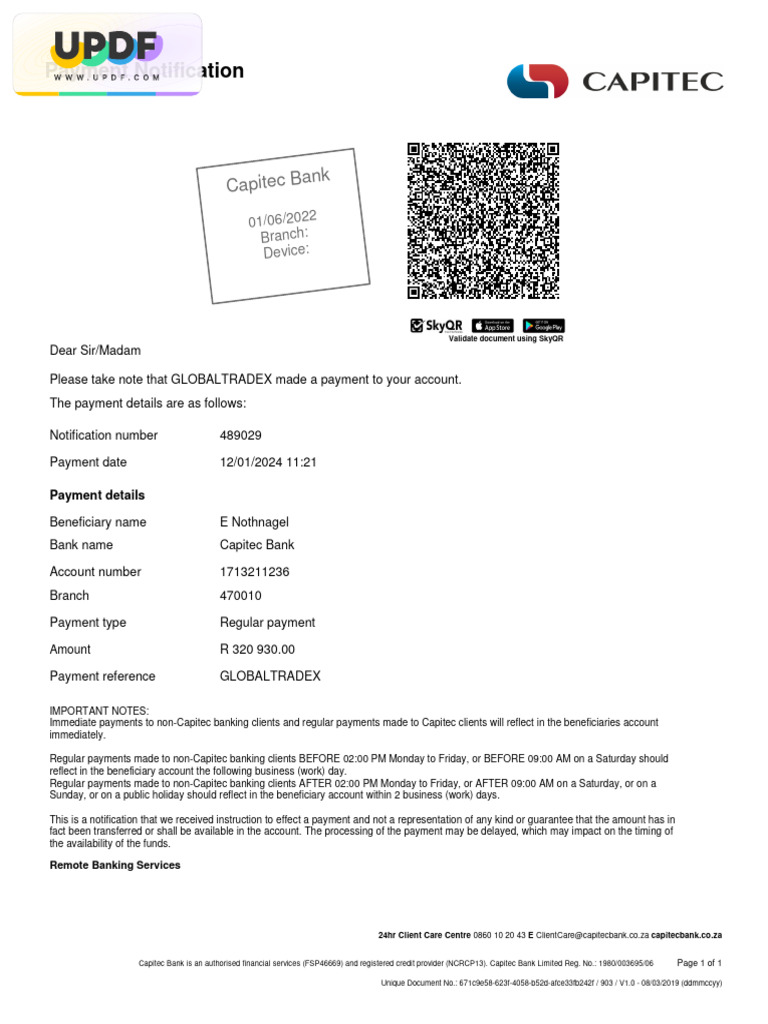 Capitec Payment Notification Details | PDF | Banks | Payments