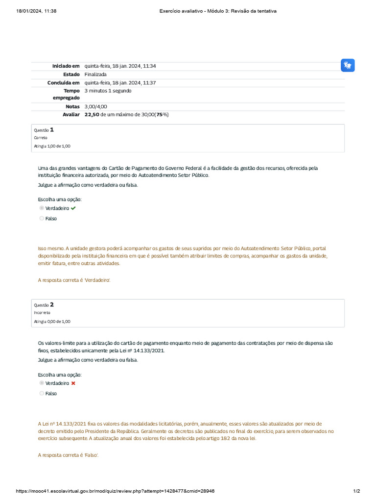 Exercício Avaliativo - Módulo 3 - Revisão Da Tentativa | PDF