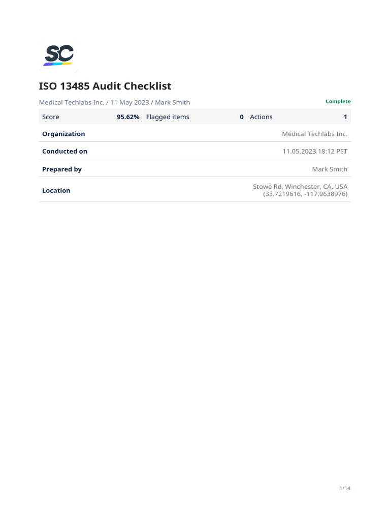 ISO 13485 Audit Checklist Sample PDF Report | PDF | Verification And ...