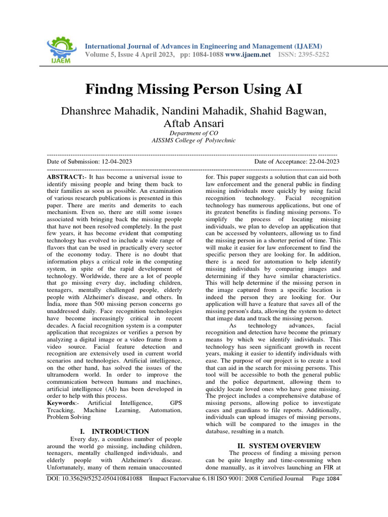 Findng Missing Person Using AI | PDF | Artificial Intelligence ...