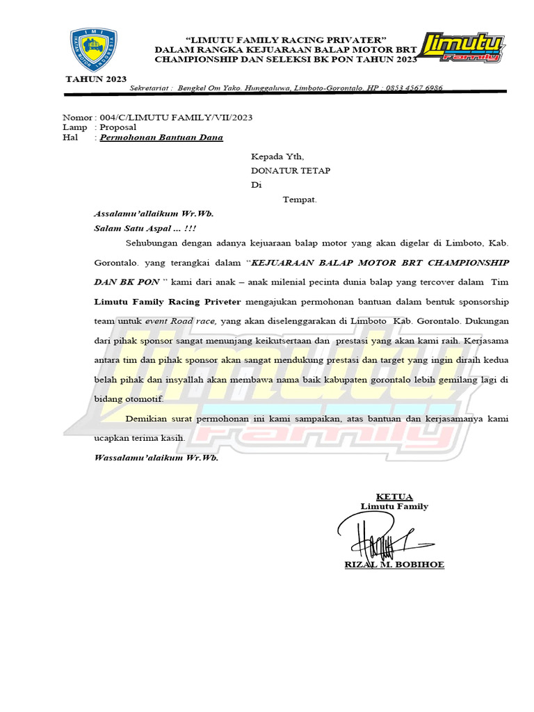 Proposal Sponsorship Balap Motor 2023 | PDF