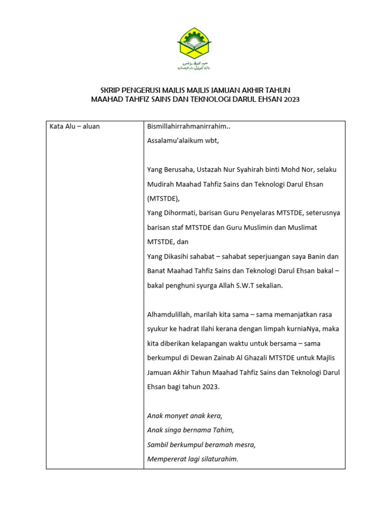 Mtstde 2023 - Skrip Pengerusi Majlis Majlis Jamuan Akhir Tahun | PDF