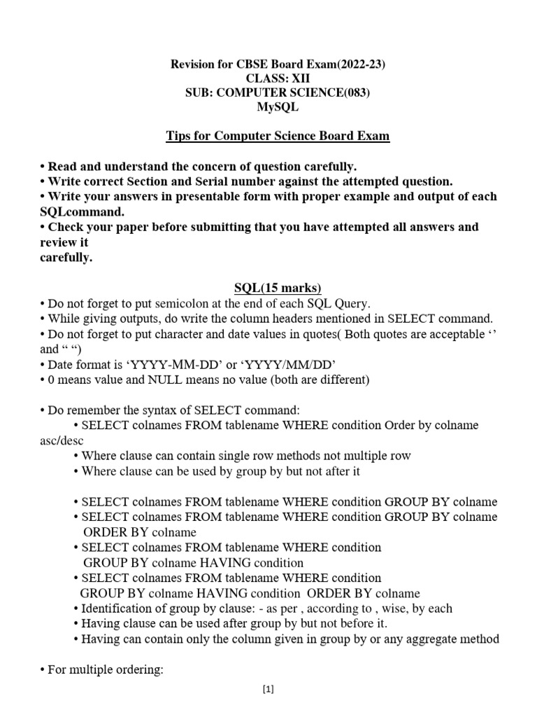 Final-MySQL - Revision | PDF | Table (Database) | Data Management