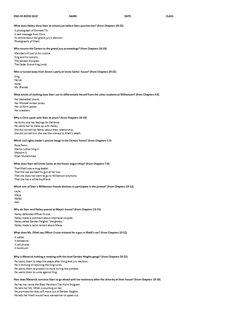 The Hate U Give: End-of-Book Quiz | PDF