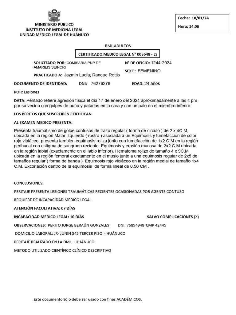 1 Certificado Medico Legal Prueba | PDF 1 Certificado Medico Legal Prueba | PDF