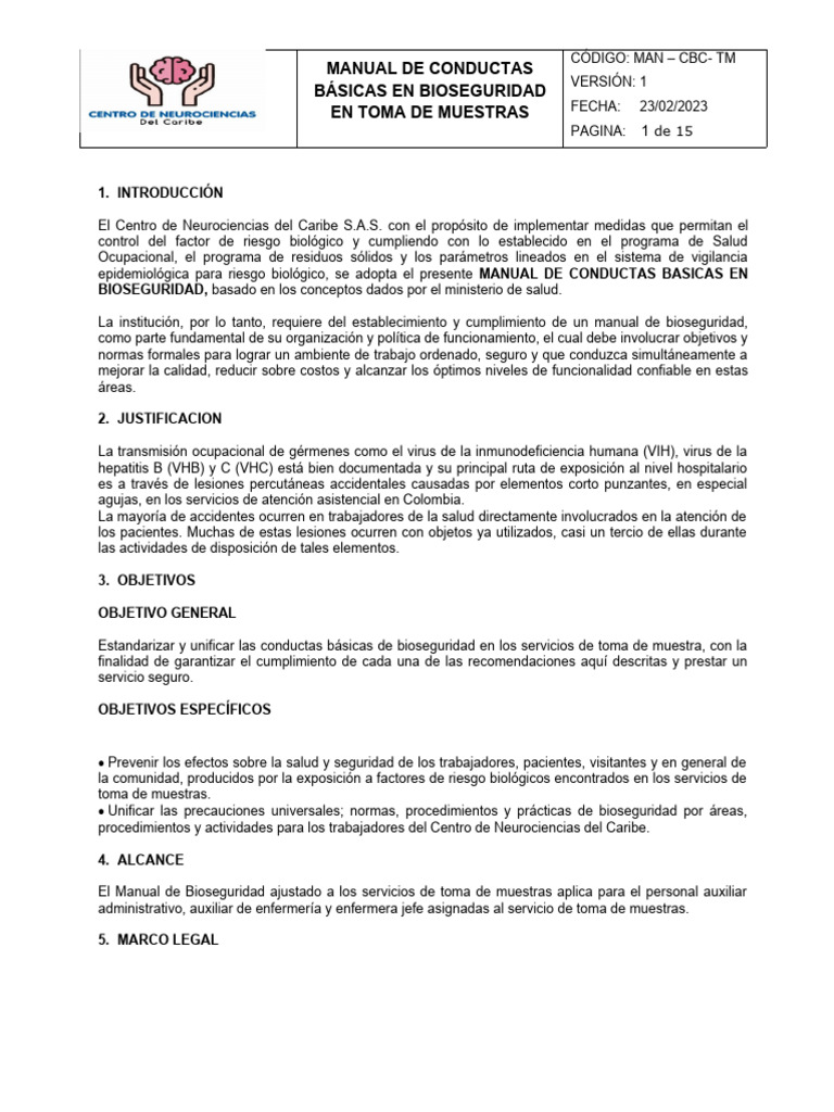 TOMA de MUESTRAS Manual Conductas Basicas Bioseguridad Toma de Muestras | Descargar gratis PDF ...