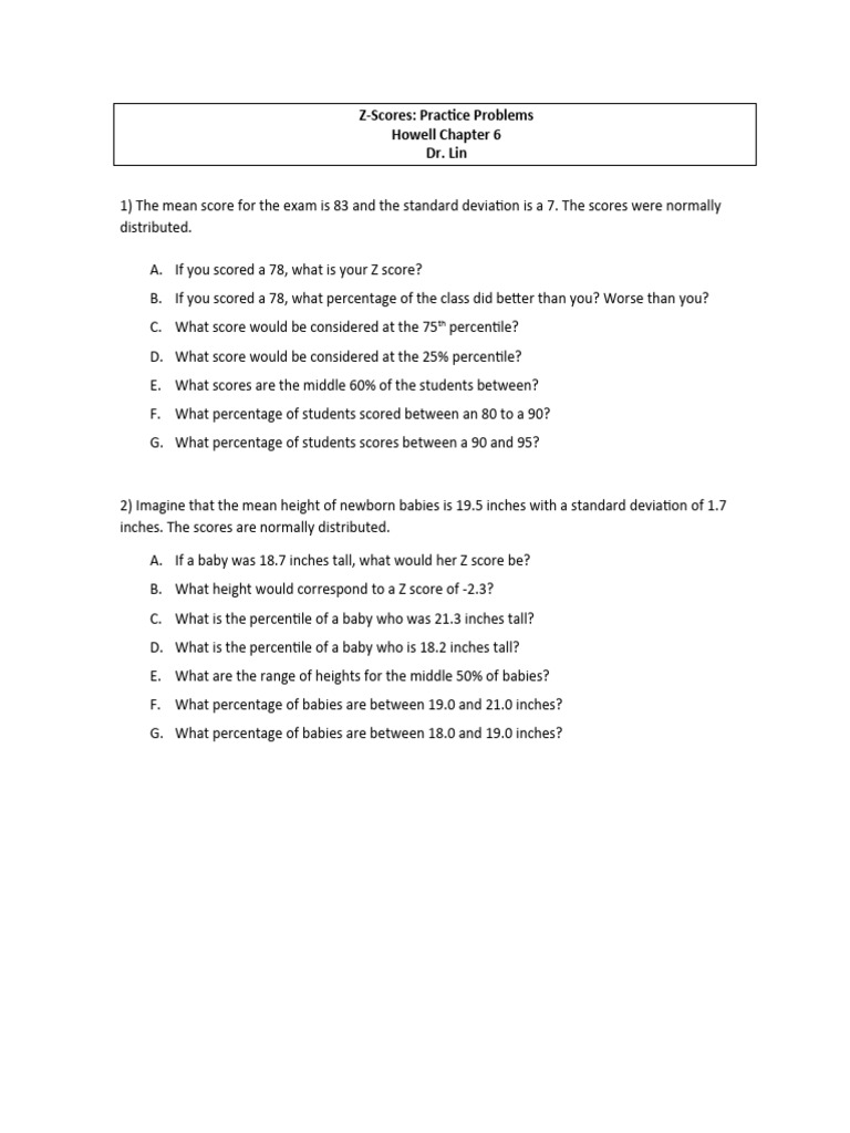 Howell Ch. 6 - Z Scores - Practice Problems | PDF