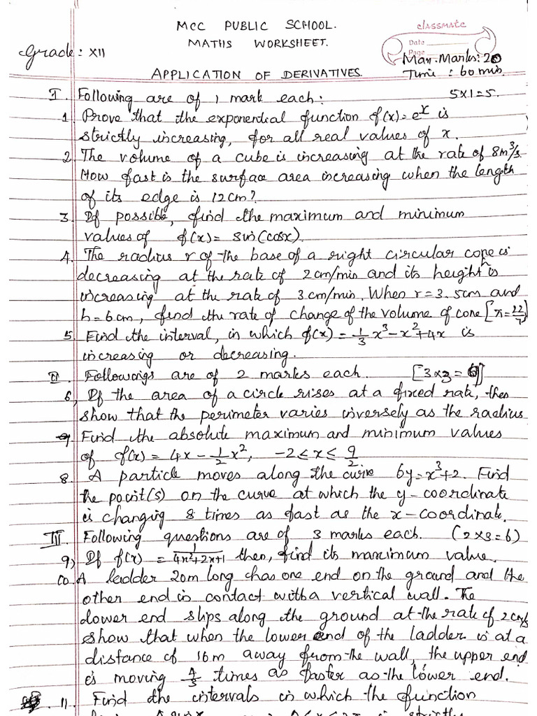Application of Derivatives Worksheet | PDF