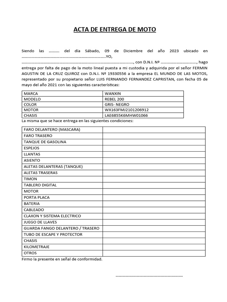 Acta de Entrega de Moto | PDF