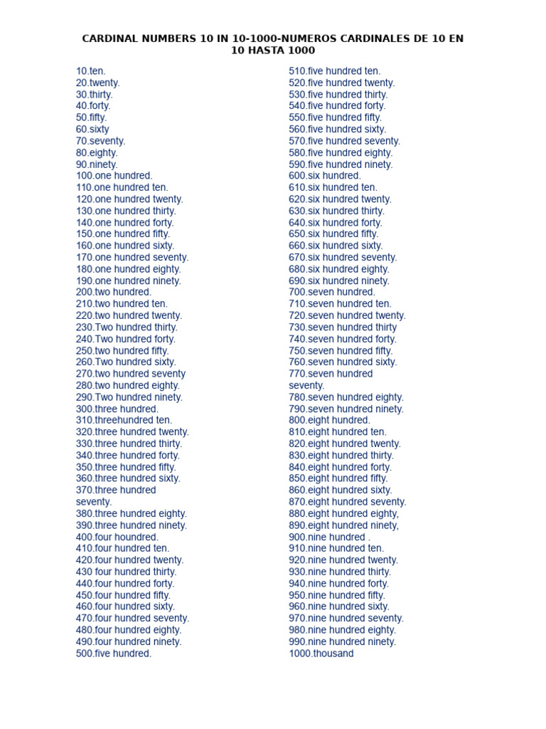 Numeros Cardinales de 10 en 10 Hasta 1000 | PDF