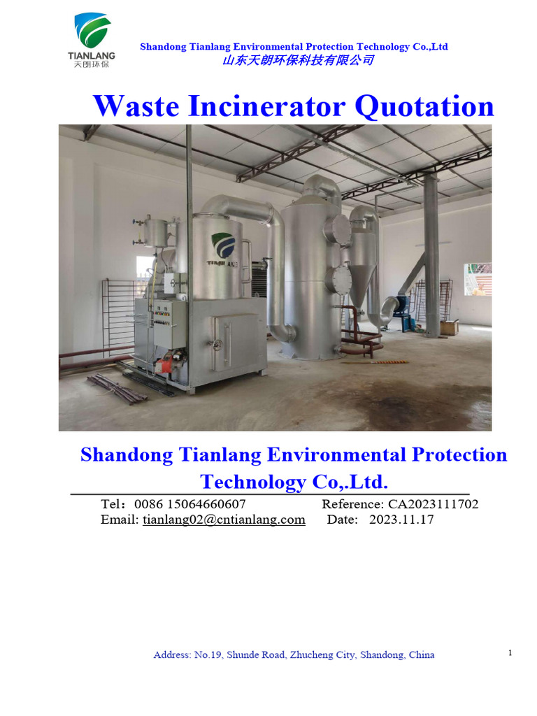 Quotation For 1000kg Waste Incinerator With Wet Scrubber Device From Shandong Tianlang Co,.Ltd ...