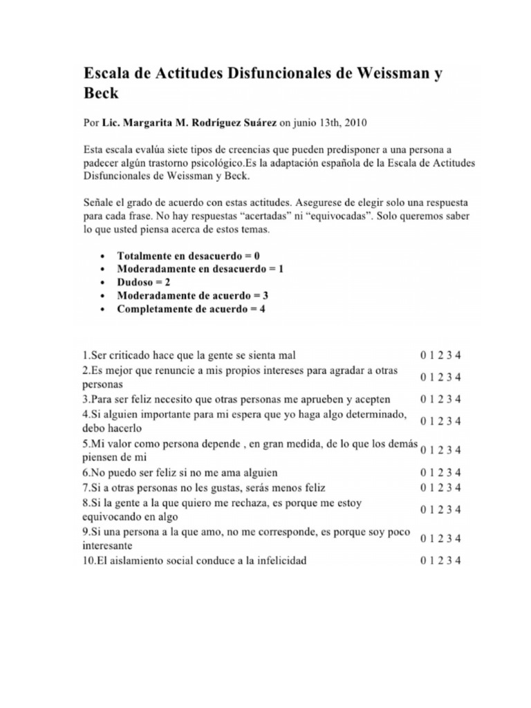 Escala de Actitudes Disfuncionales de Weissman y Beck (Test) | PDF