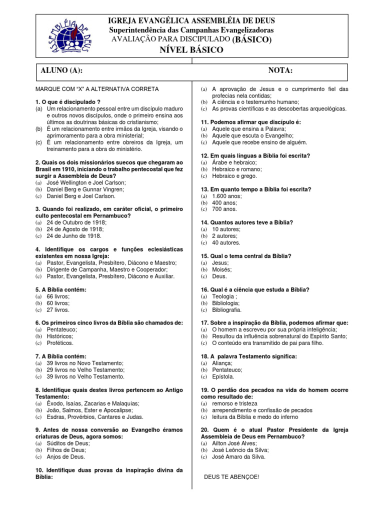 Prova Ciclo Básico - ORIGINAL | PDF | Bíblia | Pentecostalismo