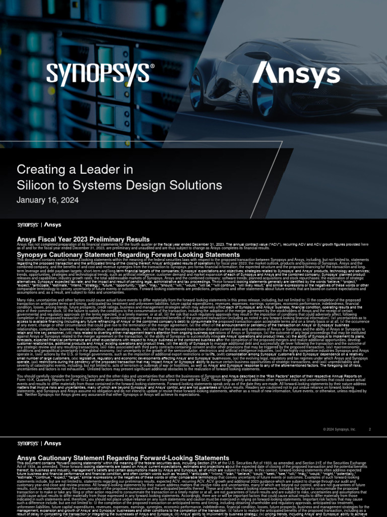 Synopsys Ansys Investor Presentation | PDF | Free Cash Flow | Risk
