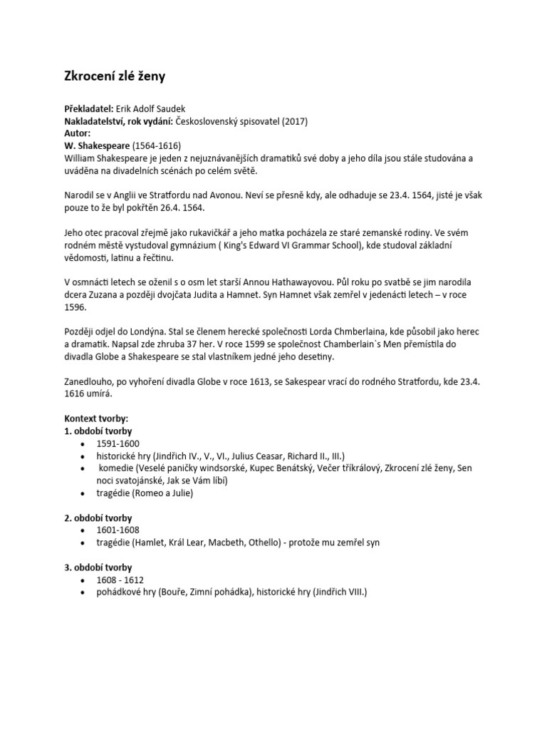 Zkrocení Zlé Ženy - Rozbor Díla K Maturitě | PDF