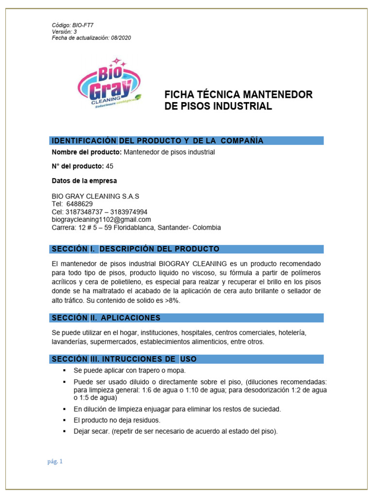 Bio-Ft45 Ficha Técnica Mantenedor de Pisos Industrial | Descargar gratis PDF | Agua | Ciencias ...