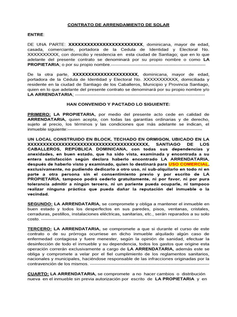 Modelo Contrato Arrendamiento Solar | PDF | República Dominicana