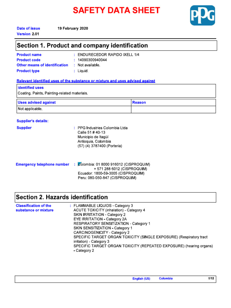 MSDS Endurecedor Rapido Ixell | PDF