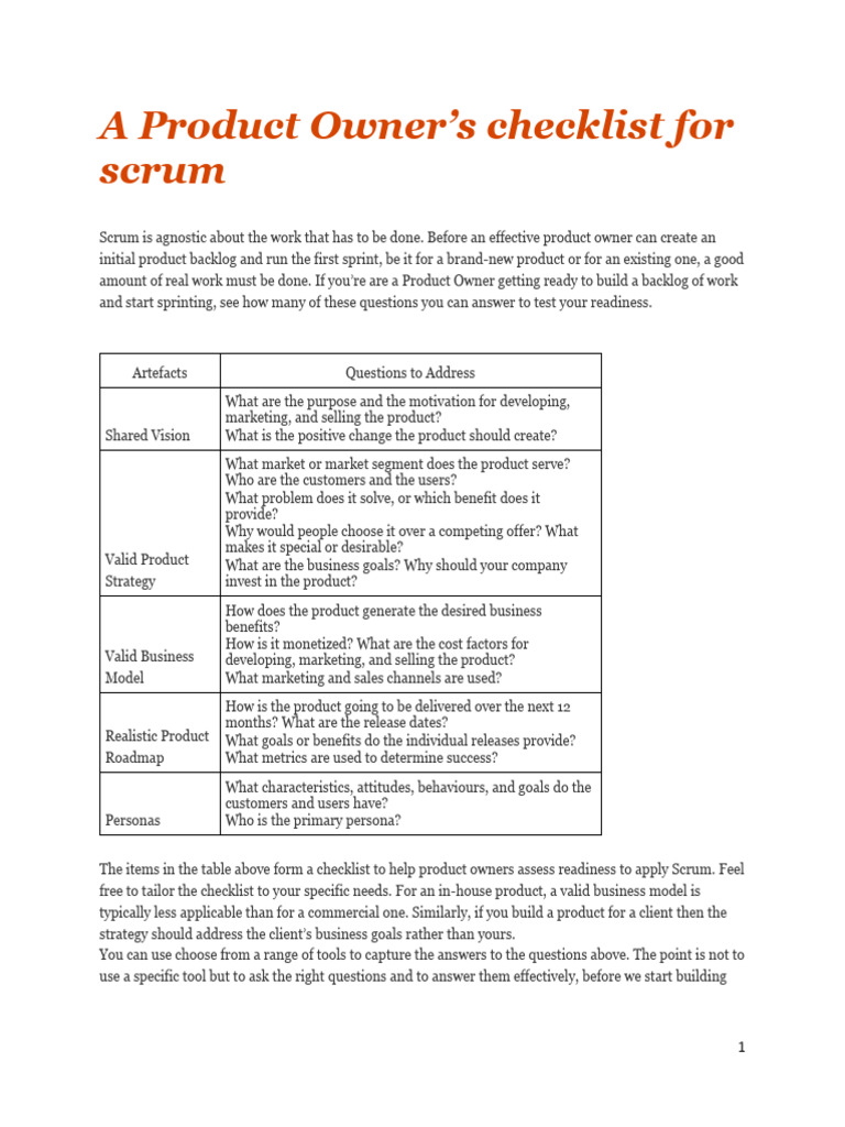 A Product Owner's Scrum Checklist | PDF | Scrum (Software Development ...