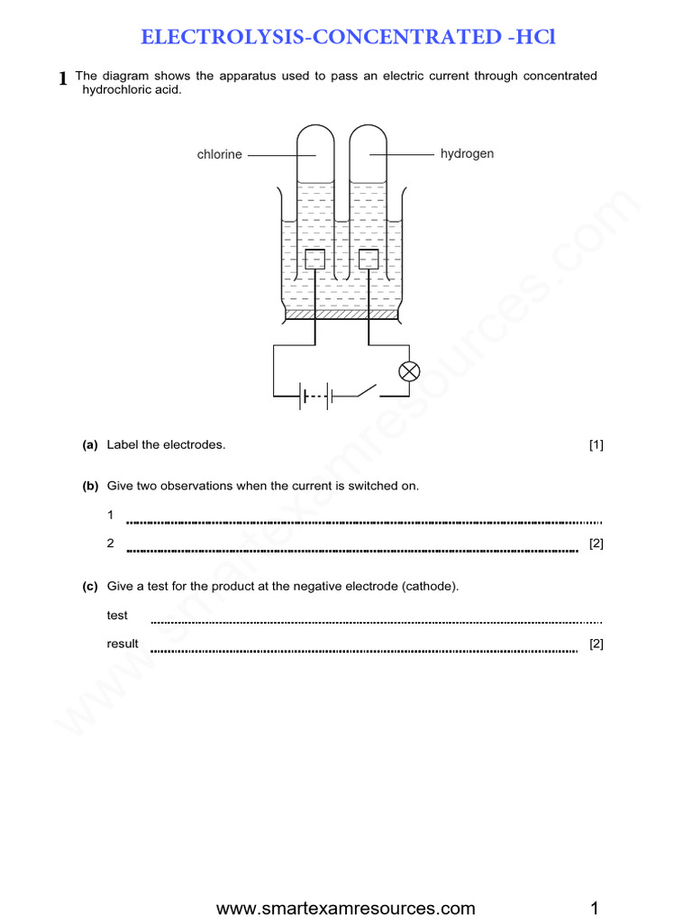 4.2 IGCSE Chemistry Topic 4 Electrochemistry Electrolysis of Concentrated HCL Set 1 QP Ms ...