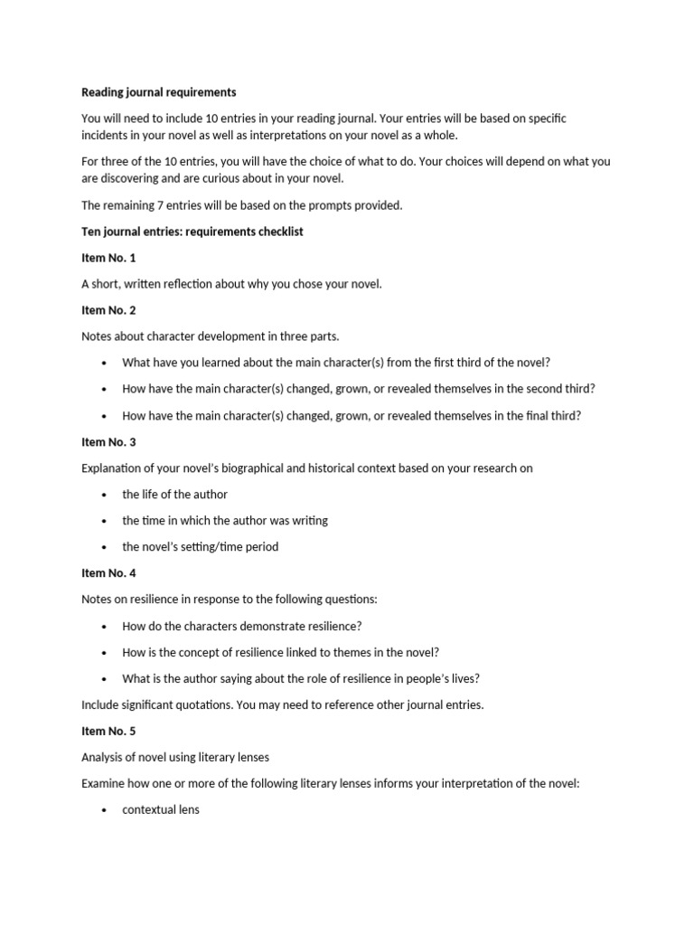 Reading Journal Requirements | PDF | Psychological Resilience | Novels