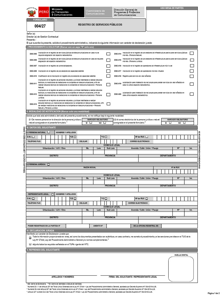 Formulario 004-27 Solicitud de Inscripción | Descargar gratis PDF | Telecomunicaciones