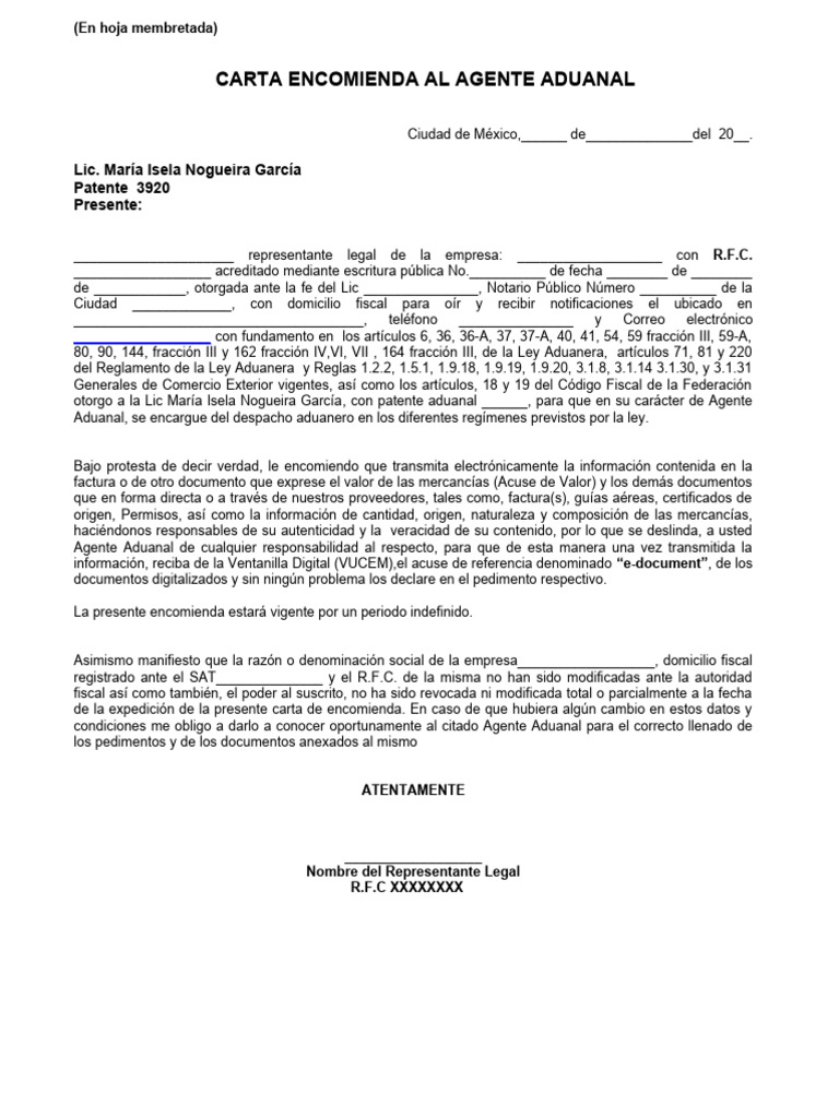 Carta de Encomienda a Agente Aduanal | PDF