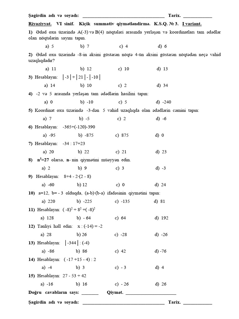 S. Riyaziyyat. K.S.Q. 3. I-II Variant. | PDF