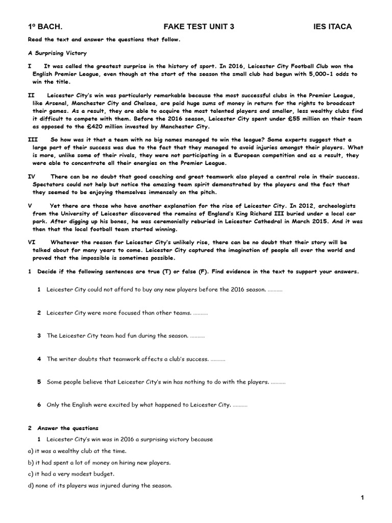 1º Bach. Fake Test Unit 3 | PDF | Premier League