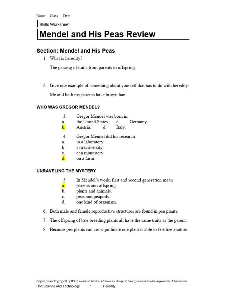 Mendel and His Peas Directed Reading Review (1) - 1 | PDF | Dominance ...