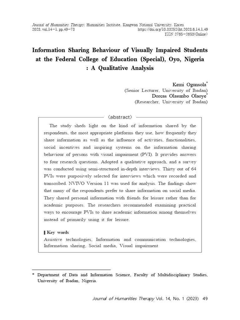 OGUNSOLA and OLAOYE (2023) - Information Sharing Behaviour of Visually Impaired Students | PDF ...