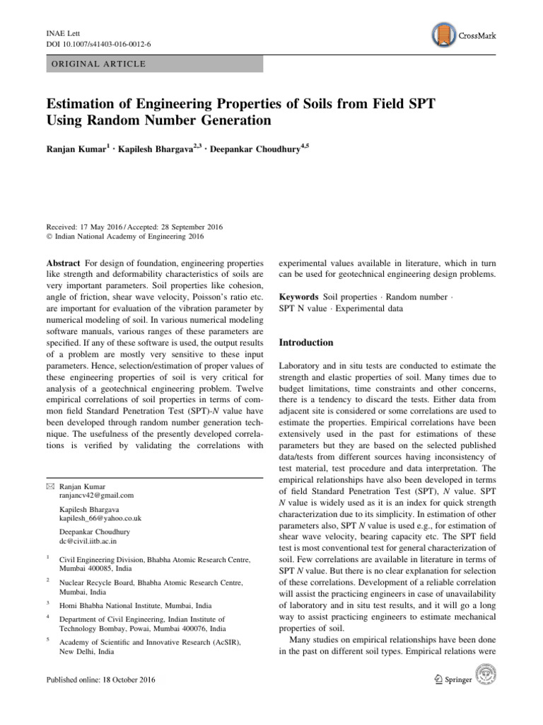Estimation of Engineering Properties of Soils From Field SPT Using Random Number Generation ...