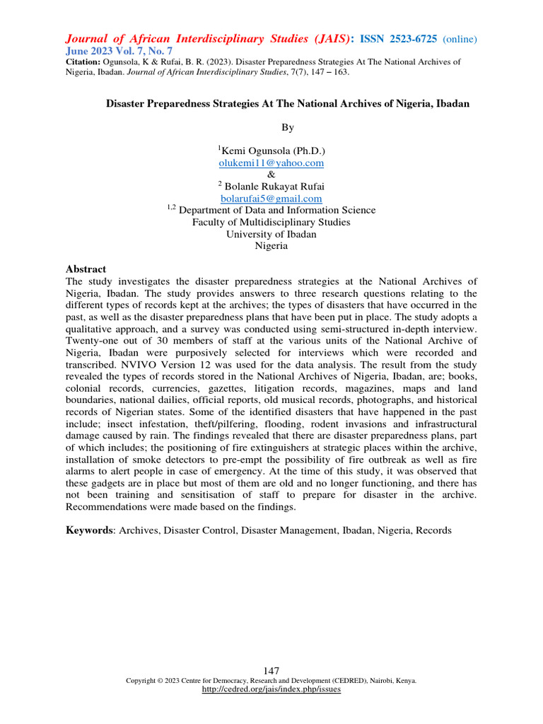 OGUNSOLA and RUFAI (2023) - Disaster Preparedness Strategies at The National Archives of Nigeria ...