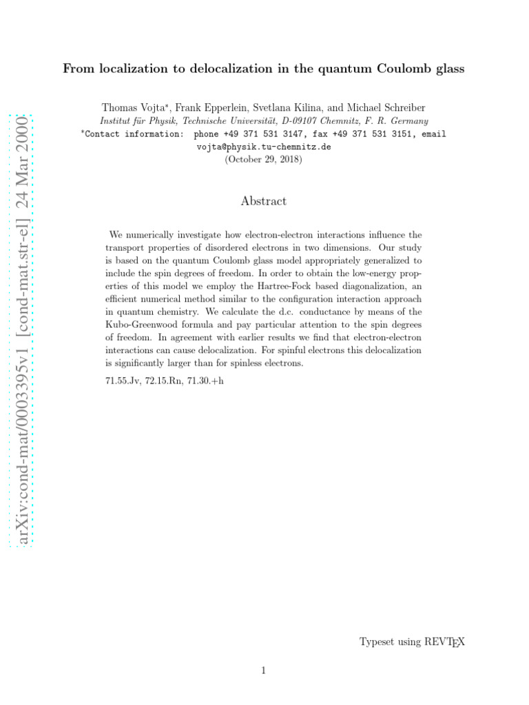 From Localization To Delocalization in The Quantum Coulomb Glass | PDF | Electron | Spin (Physics)