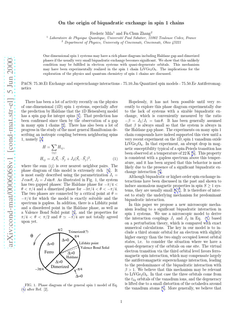 On The Origin of Biquadratic Exchange in Spin 1 Chains: Ferro | PDF | Spin (Physics) | Atomic ...