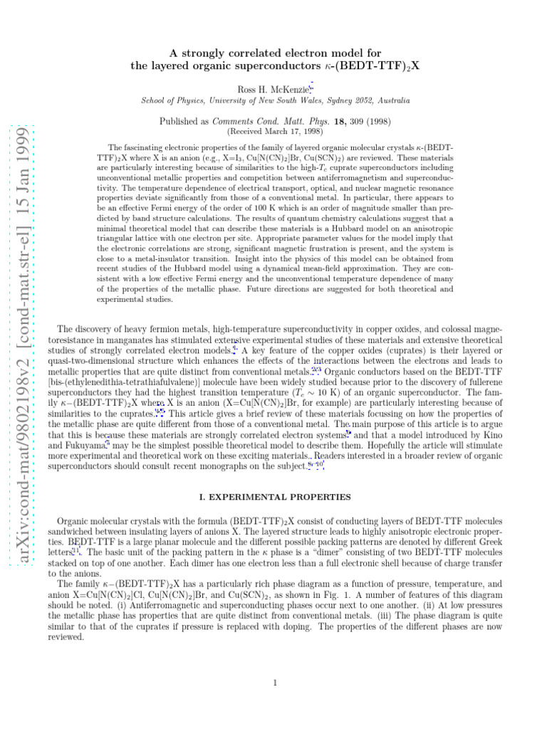 A strongly correlated electron model for the layered organic ...