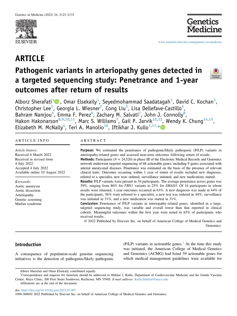 Pathogenic Variants in Arteriopathy Genes Detected in A Target 2022 Genetics | PDF | Whole ...