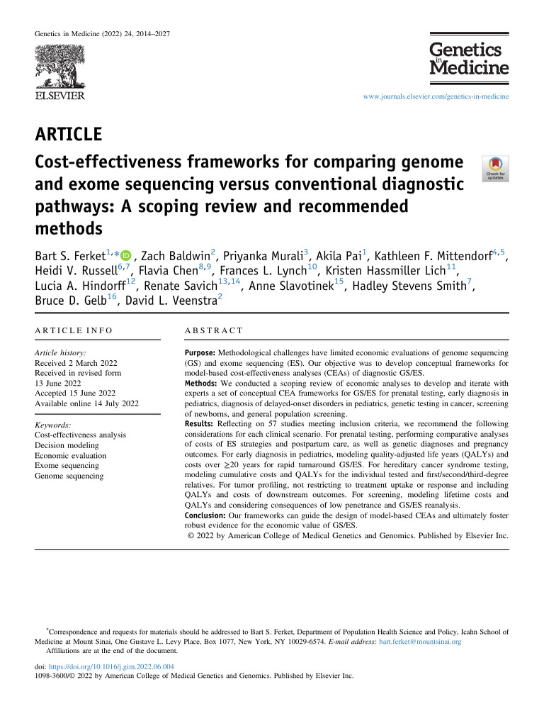 Cost Effectiveness Frameworks For Comparing Genome and Exome S 2022 Genetics | PDF | Systematic ...