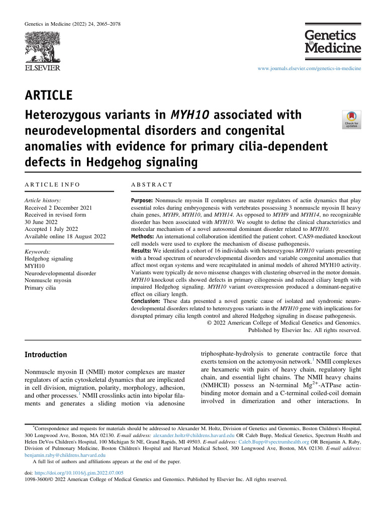 Heterozygous Variants in MYH10 Associated With Neurodevelopment 2022 ...