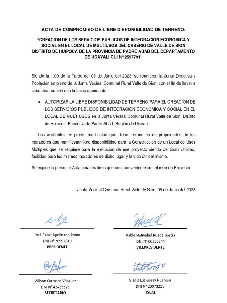 ACTA de Libre Disponibilidad Valle de Sion | PDF