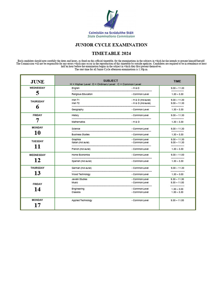 Junior Certificate Exams 2024 Timetable | PDF