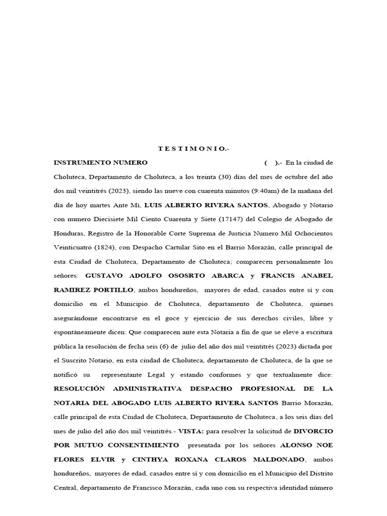 Testimonio de Resolusion de Divorcio | Descargar gratis PDF ...
