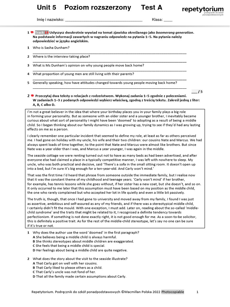 U5 Test PR GR A | PDF | Sibling | Behavioural Sciences