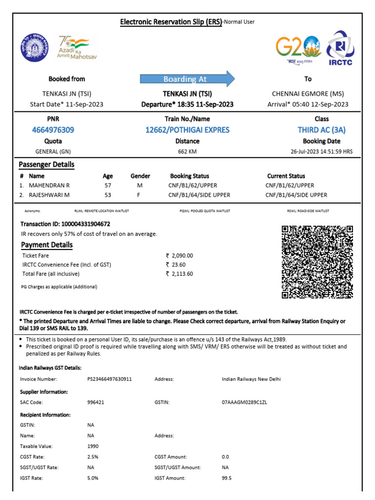 12662/pothigai Expres Third Ac (3A) | PDF | Identity Document