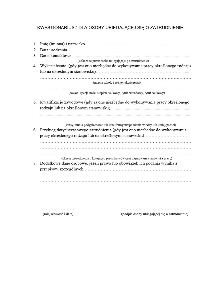 Kwestionariusz Osobowy - Wzór | PDF