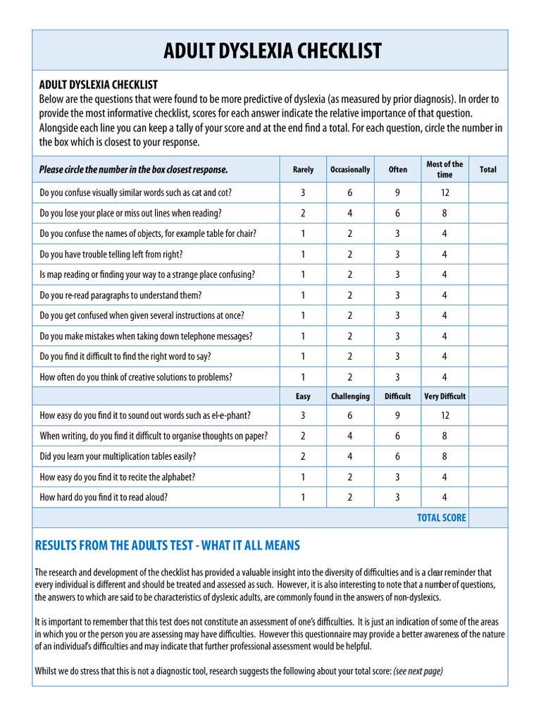 Adult Dyslexia Checklist | PDF