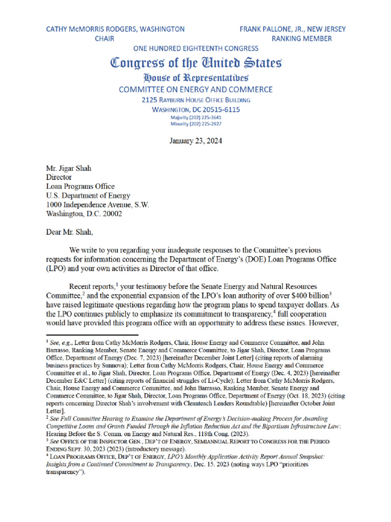 Congressional Inquiry on DOE Loan Programs | PDF