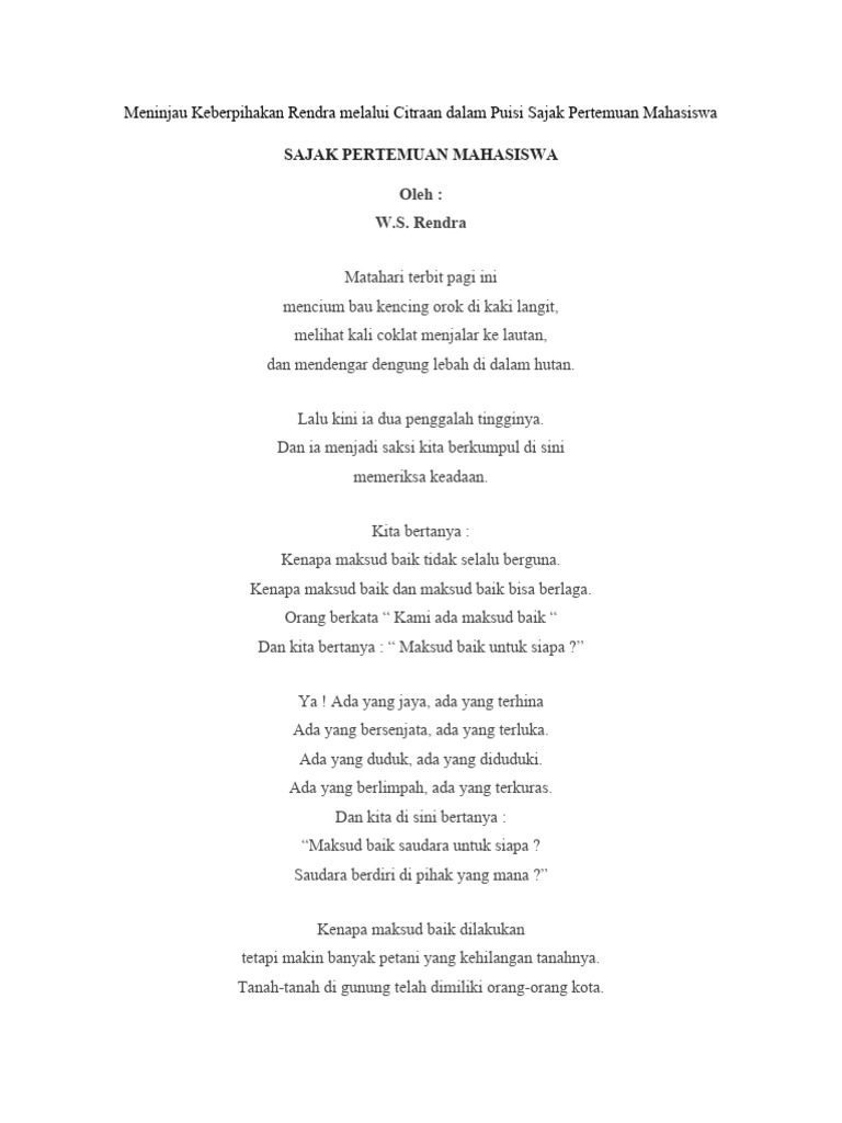 Analisis Citraan Dalam Puisi Sajak Pertemuan Karya Rendra | PDF