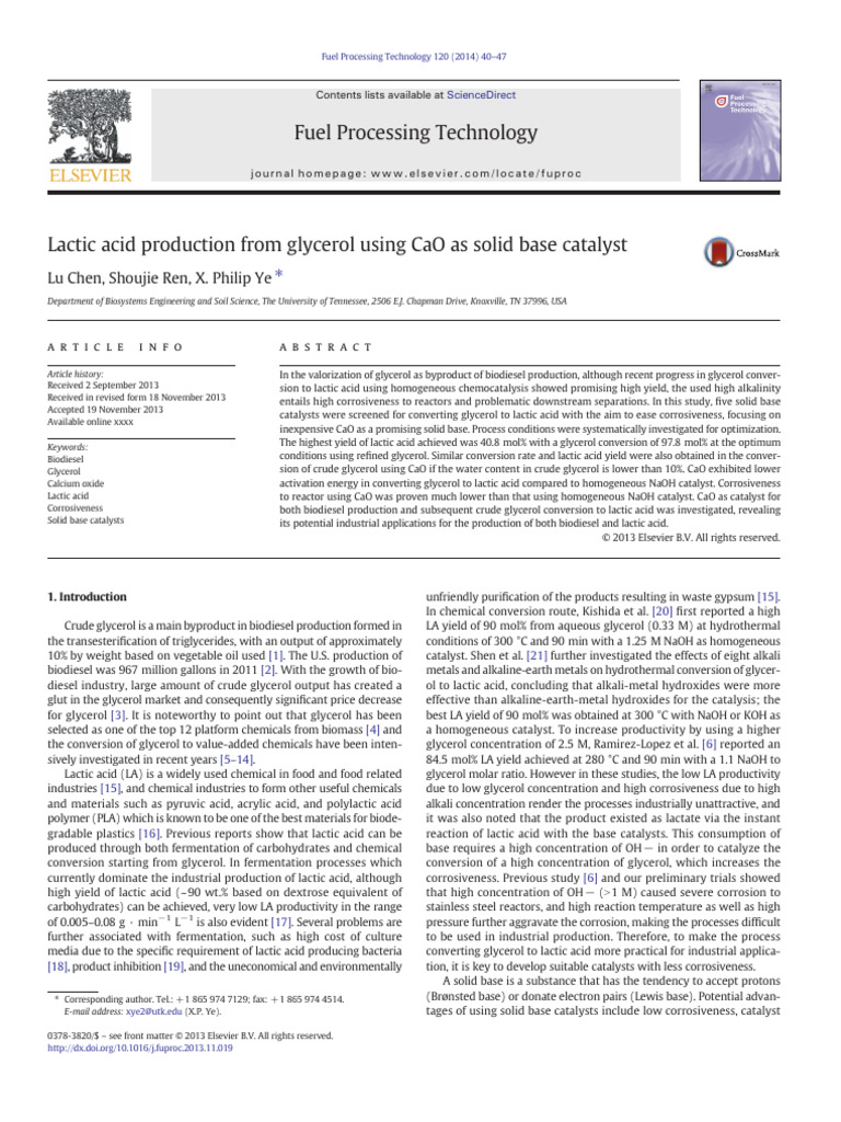 Lactic Acid Production From Glycerol Using CaO As Solid Base Catalyst ...