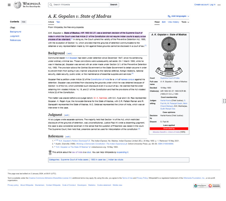 A. K. Gopalan v. State of Madras - Wikipedia | PDF | Public Law ...